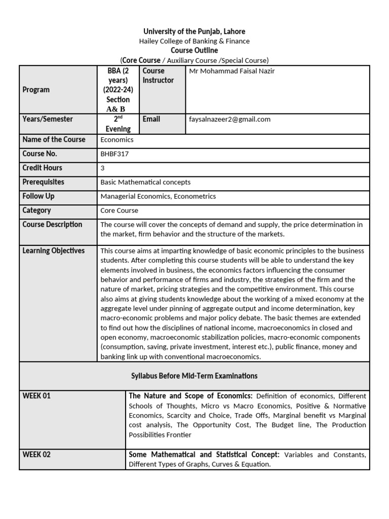 Economics Course Outline BBa 2yrs A & B Evevning | PDF | Supply ...