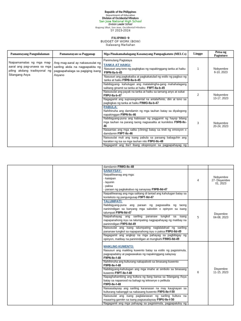 Filipino 9 BOW | PDF