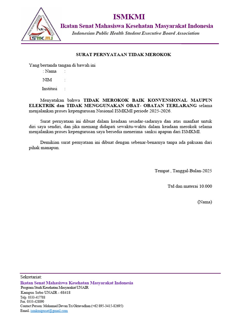 Surat Pernyataan Tidak Merokok ISMKMI | PDF