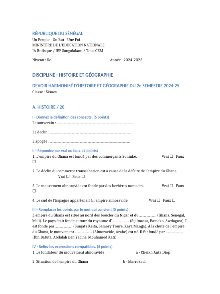 Devoir d'Histoire-Géo 5ème Sénégal 2024-25 | PDF | Sénégal