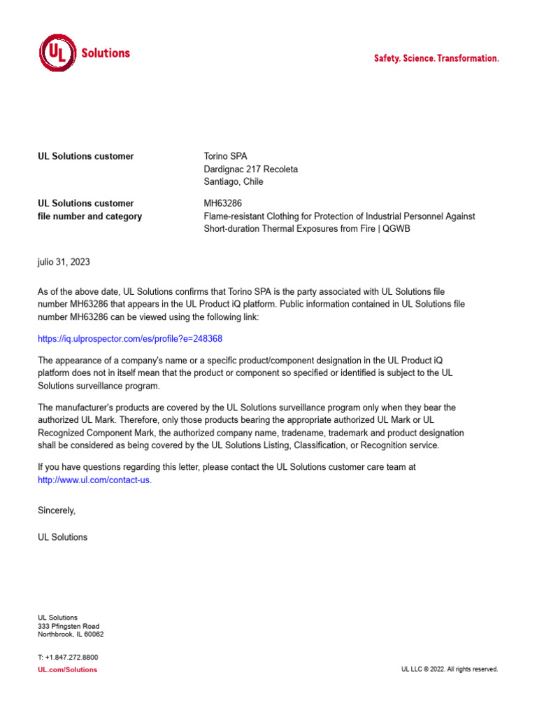 Confirmation Letter NFPA 2112 TORINO SPA | PDF