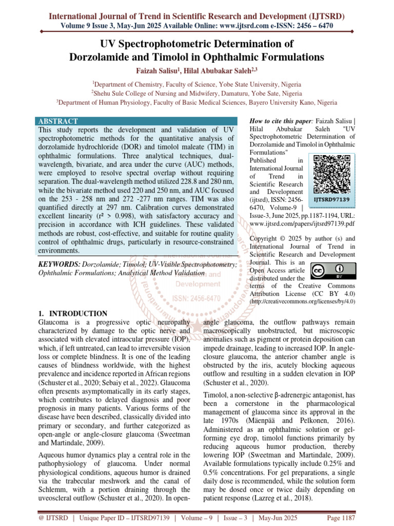 UV Spectrophotometric Determination of Dorzolamide and Timolol in ...