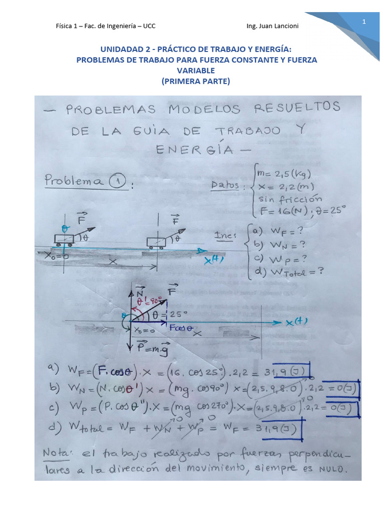 Práctico de Trabajo y Energía - Problemas de Trabajo para Fuerza Cte. y Fuerza Var. (Primera ...
