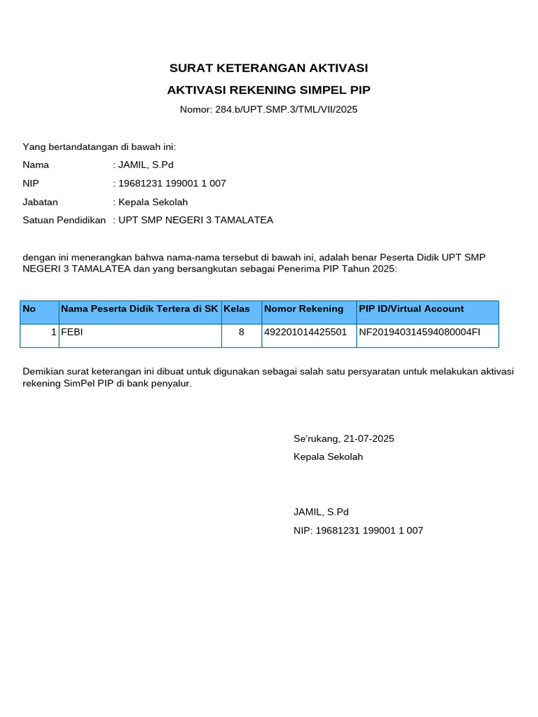 Surat Keterangan Aktivasi Pip Nominasi Tahun 2025, Upt SMP Negeri 3 Tamalatea - 284.B - Upt ...