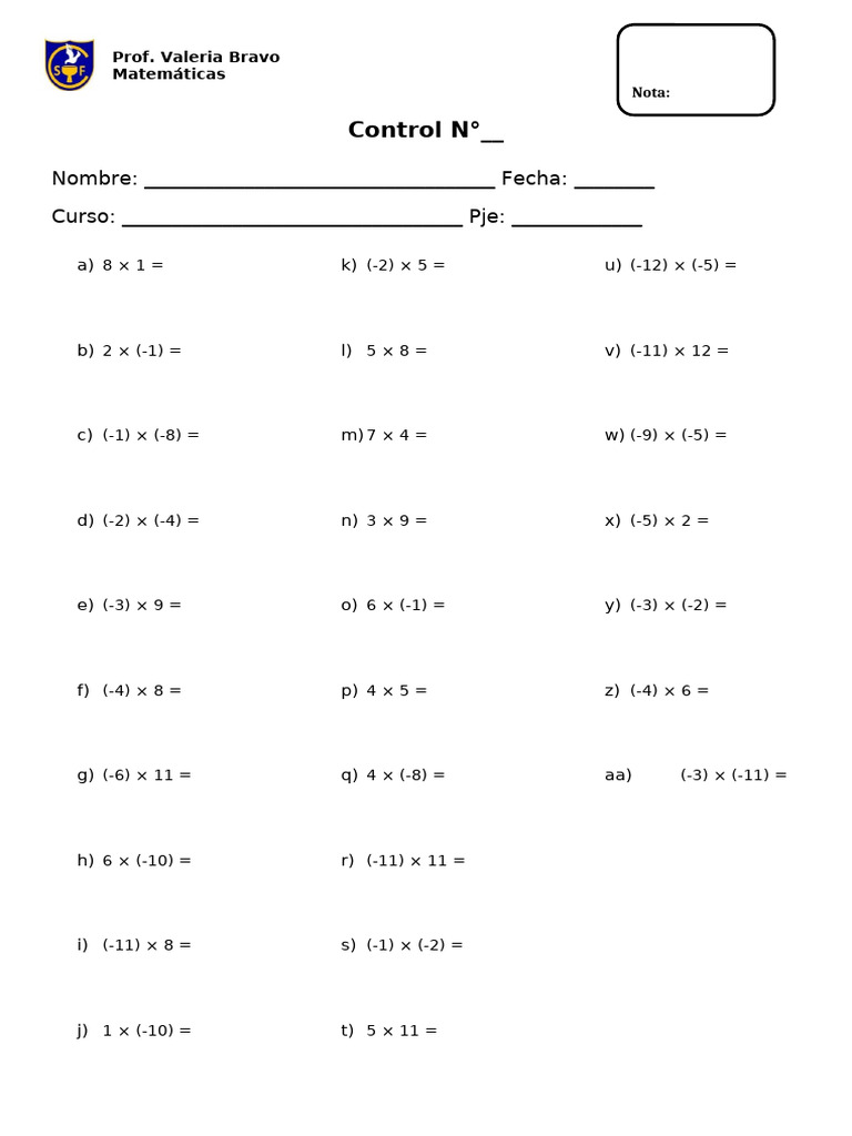 Control N°1, Enteros Multiplicación | PDF