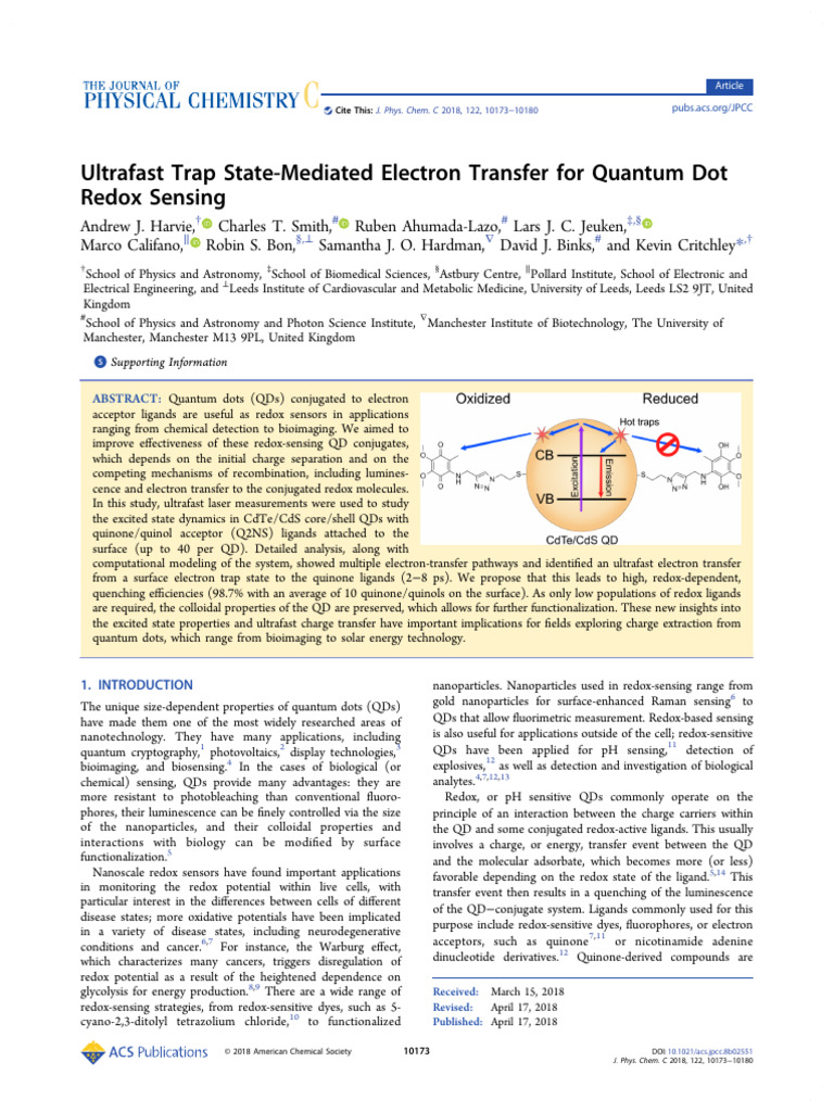 Harvie Et Al 2018 Ultrafast Trap State Mediated Electron Transfer For Quantum Dot Redox Sensing ...