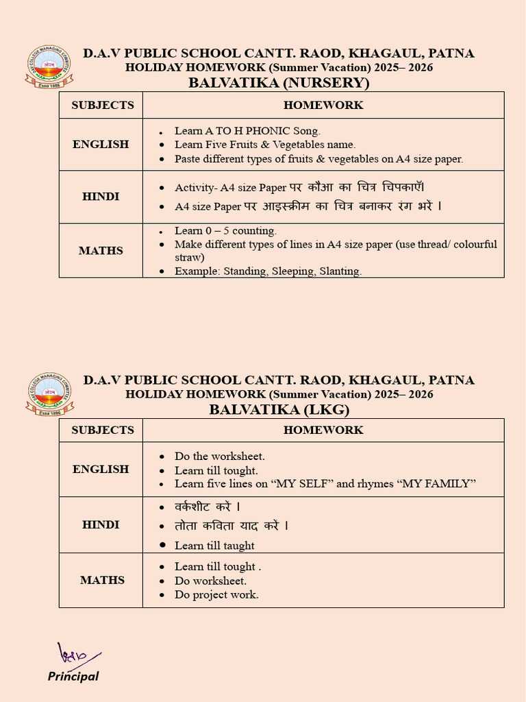 Holiday Homework Summer Vaccation Class-LKG To XII (2025-26) | PDF | Scrapbooking