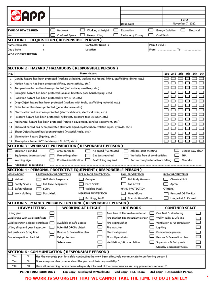 IK2M-100-15-FRM-0020 Permit To Work (PTW) Form Rev.01-Print | PDF ...