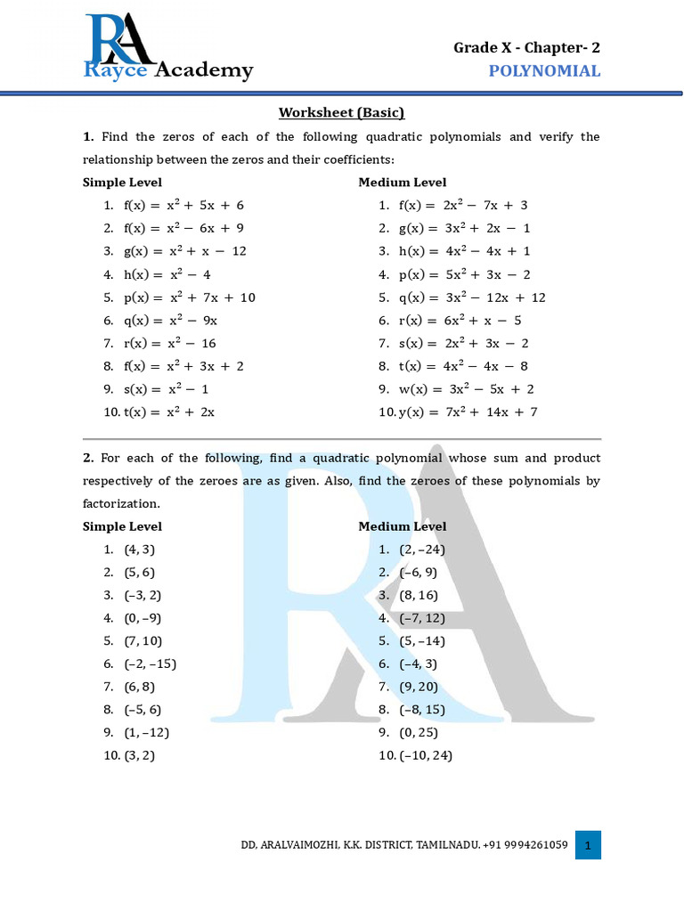 Maths-Grade 10-Chapter 2 - Worksheet Basics | PDF