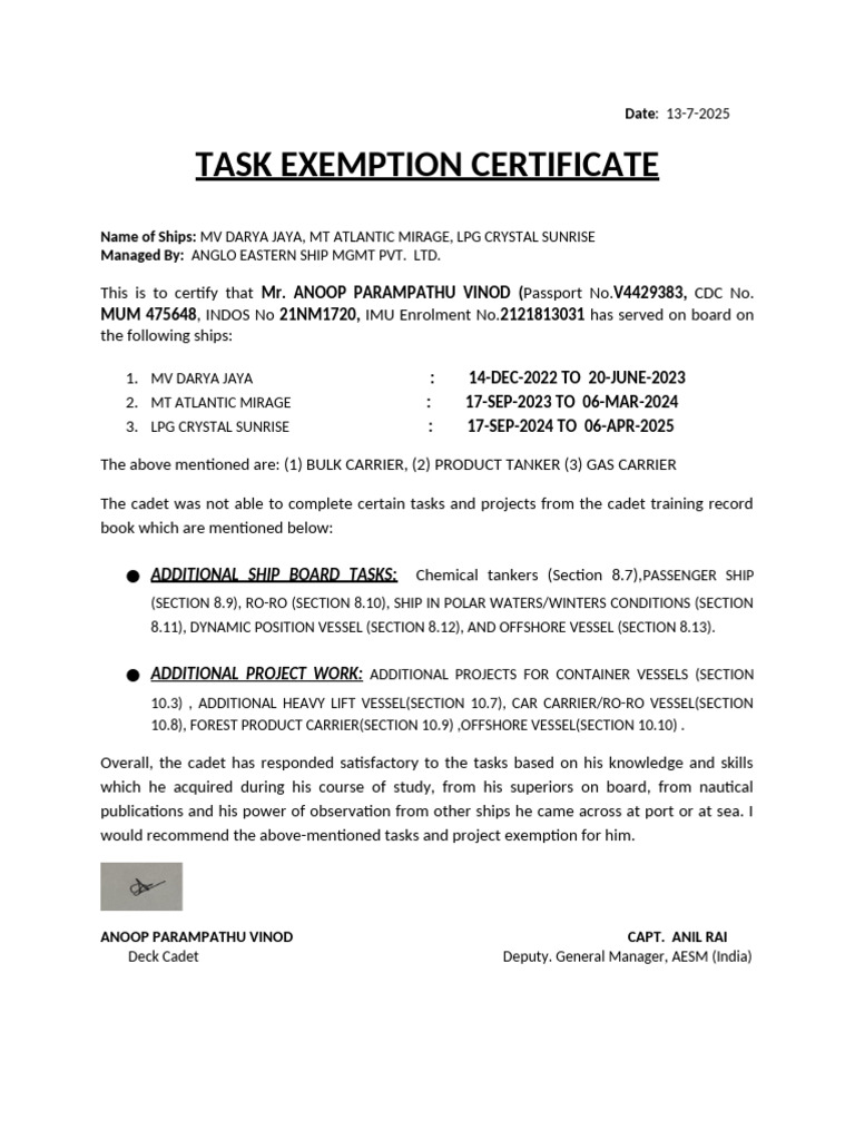 Task Exemption Certificate | PDF