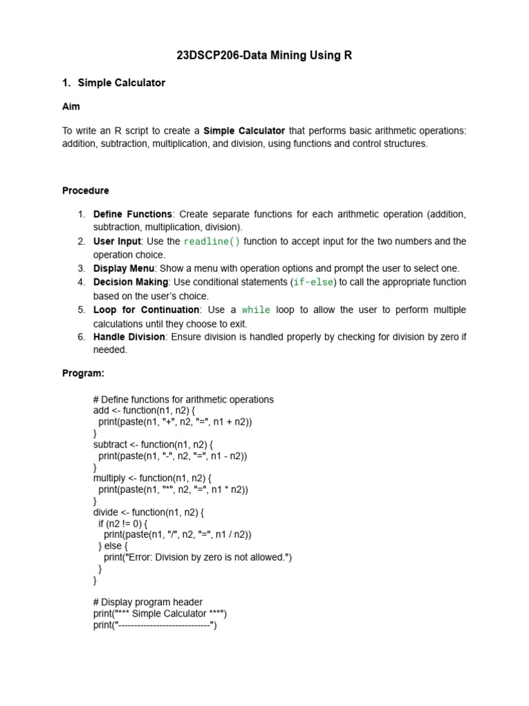 23DSCP206-Data Mining Using R | PDF | Arithmetic | Computer Programming