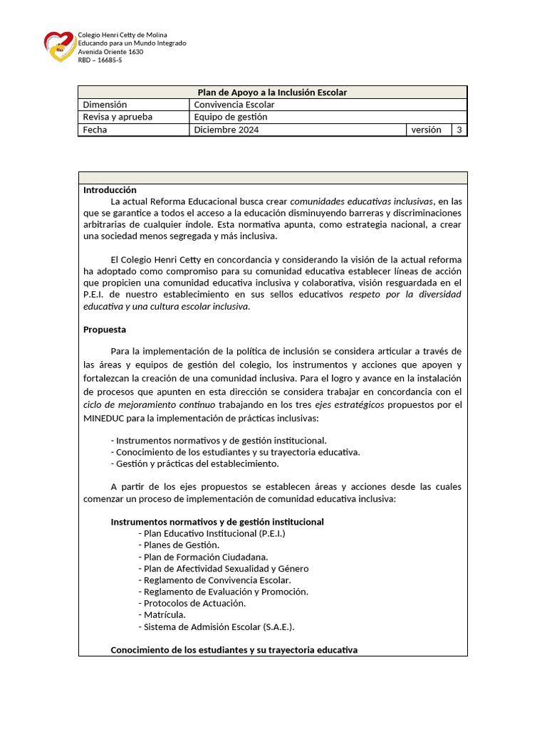 Inclusión Escolar en Colegio Henri Cetty | PDF | Inclusión (Educación ...