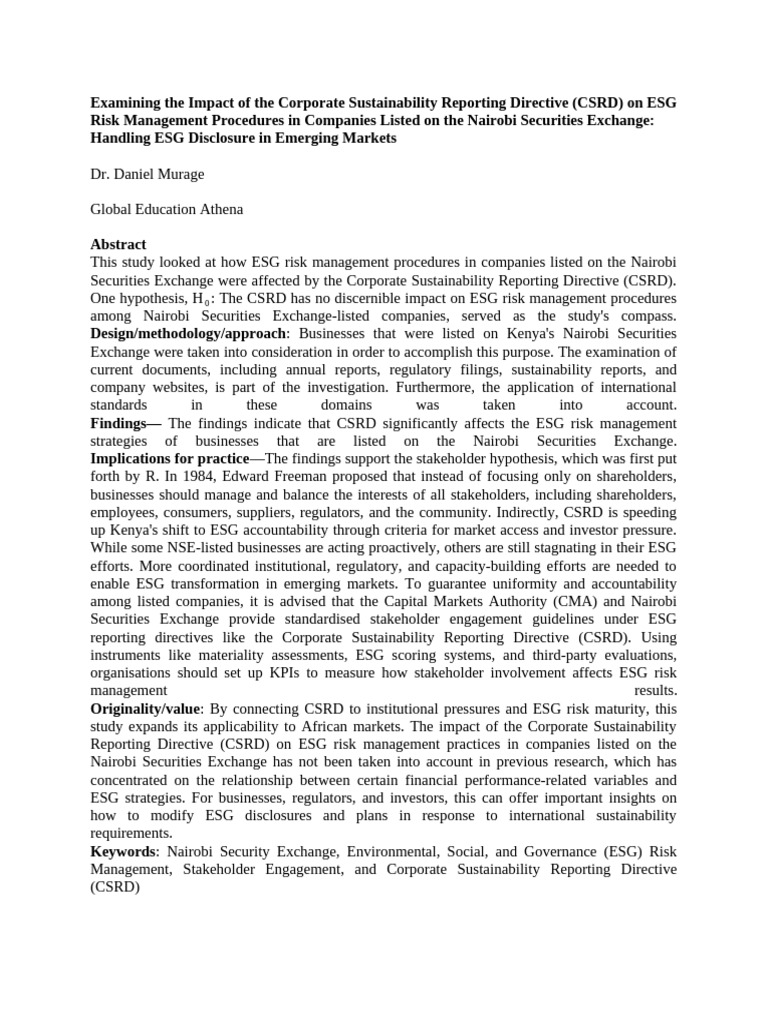 Examining The Impact of The Corporate Sustainability Reporting Directive (CSRD) On ESG Risk ...