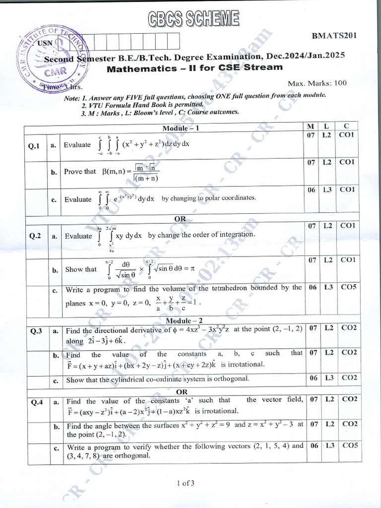 VTU Question Paper of BMATS201 Mathematics-II For CSE Stream Dec-2024 ...