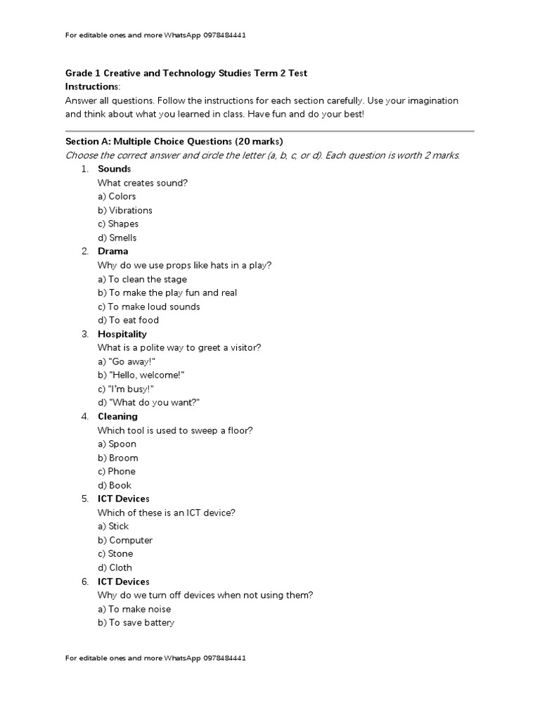 Grade 1 CTS Term 2 Test Questions | PDF | Educational Technology ...