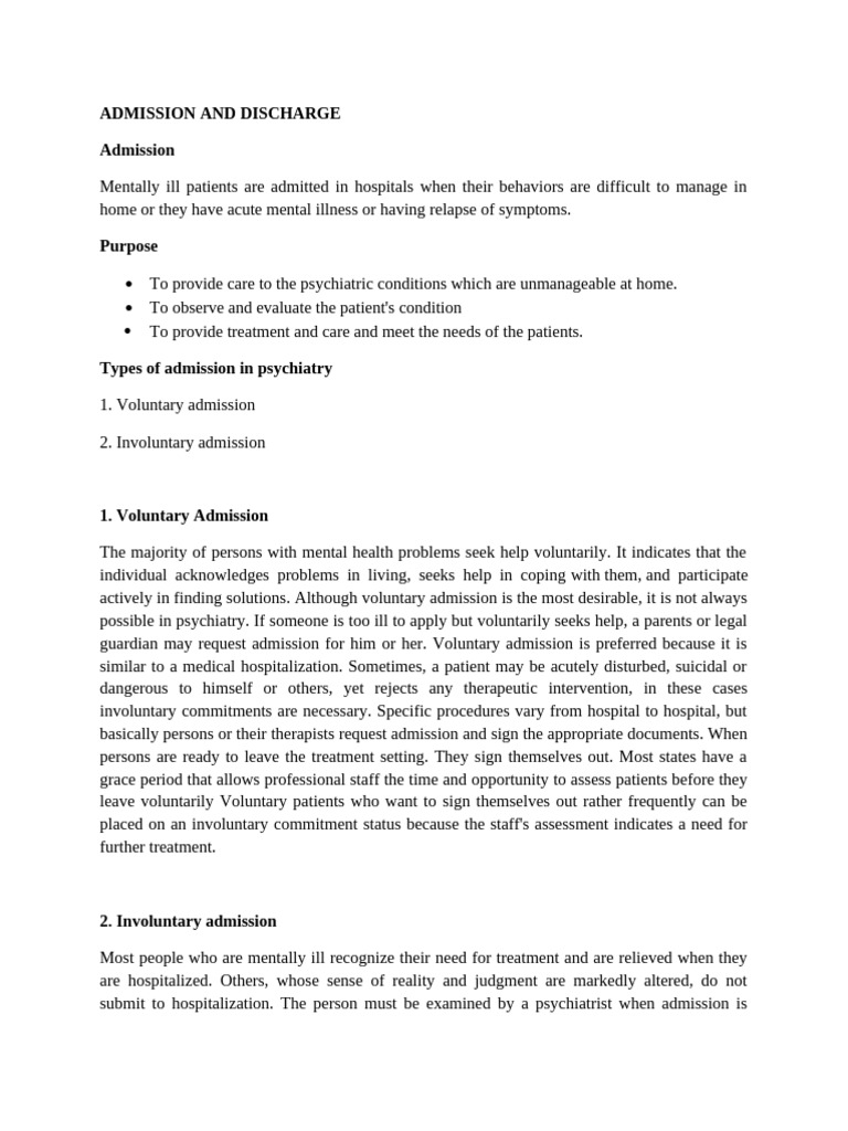Admission and Discharge in Psychiatry | PDF | Mental Disorder | Psychiatry