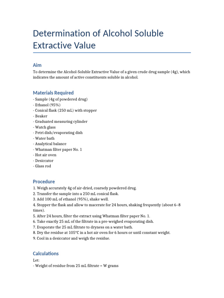 Alcohol Soluble Extractive Value Method | PDF