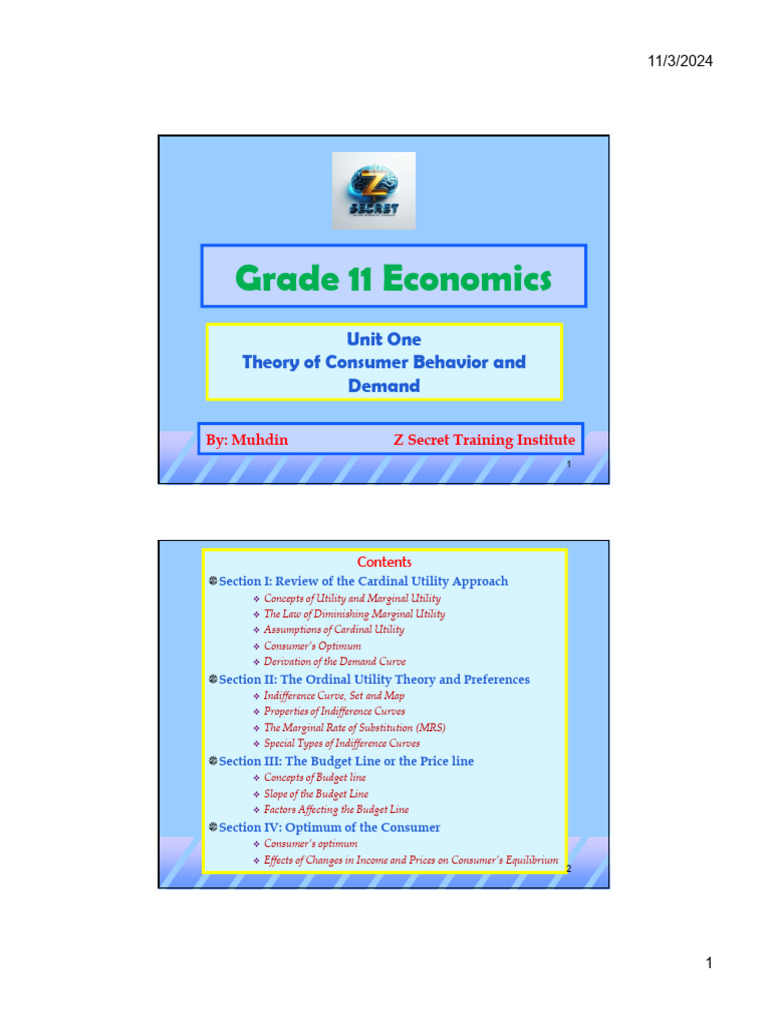 Grade 11 Economics Unit 1 | PDF | Utility | Demand