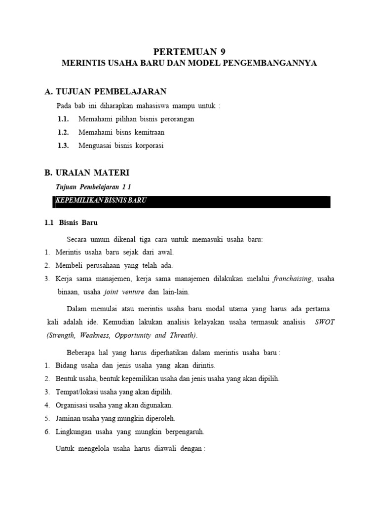 Pertemuan 9 Merintis Usaha Baru Dan Model Pengembangannya | PDF