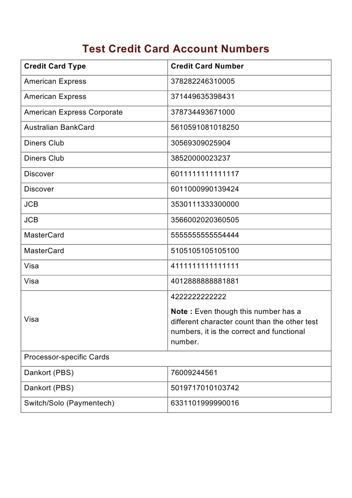 Test Credit Card Numbers by Type | PDF