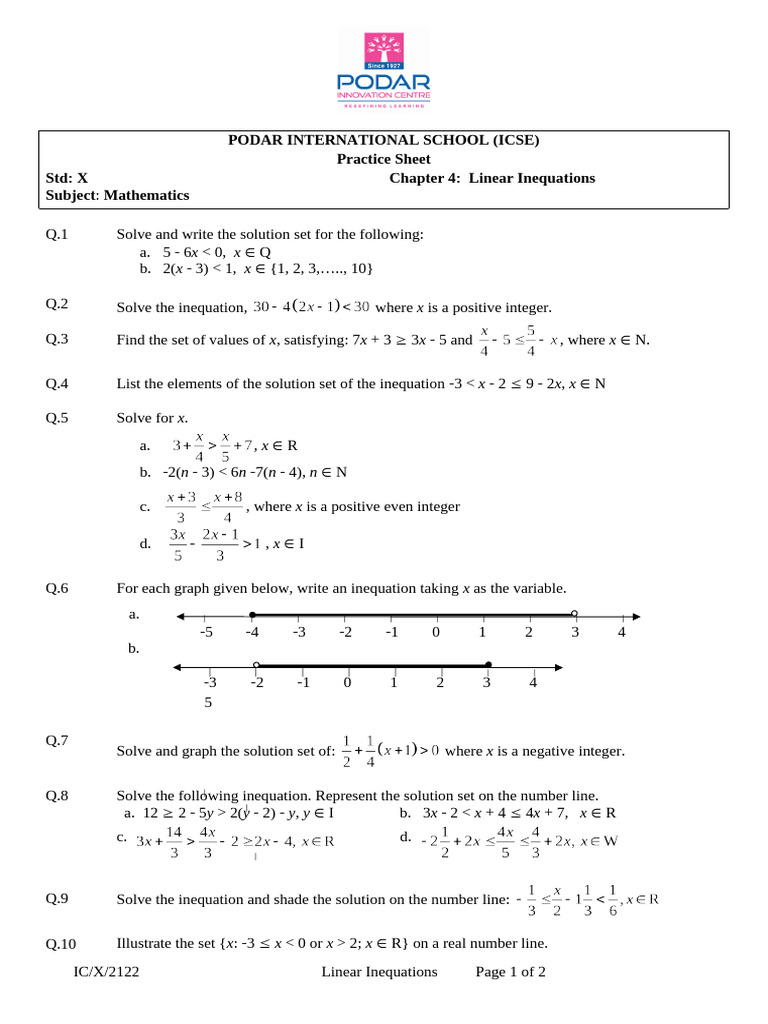 PS QP ICSE X Math 4. Linear Inequations | PDF | Mathematical Analysis | Algebra