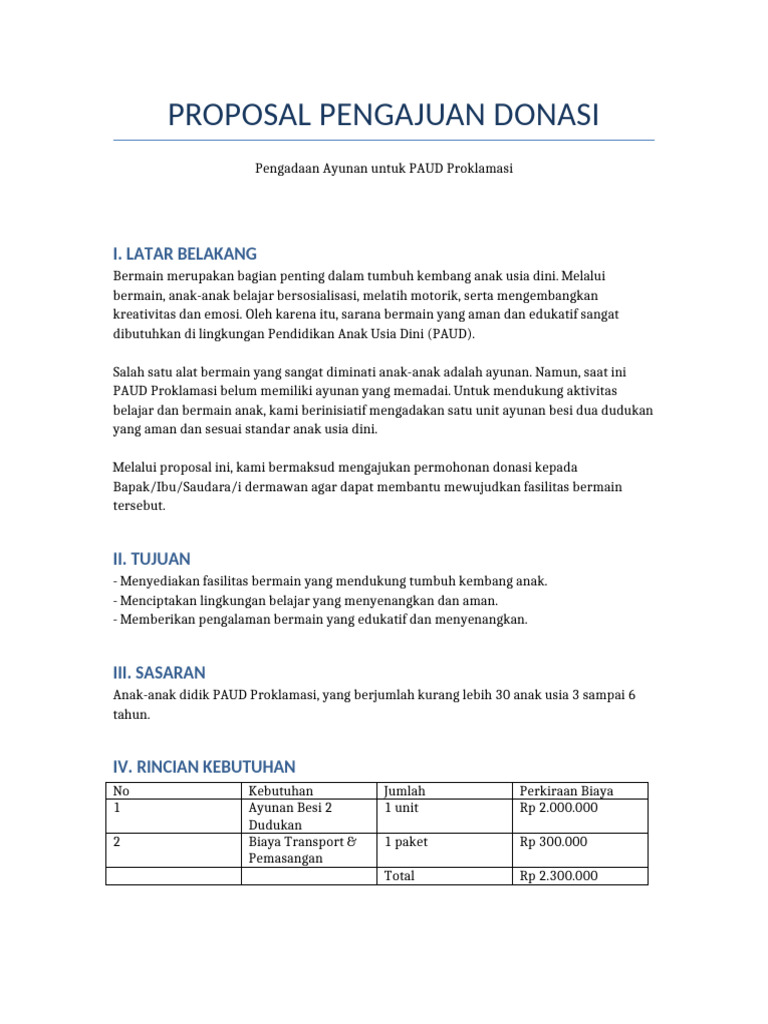 Proposal Pengajuan Donasi Ayunan PAUD | PDF