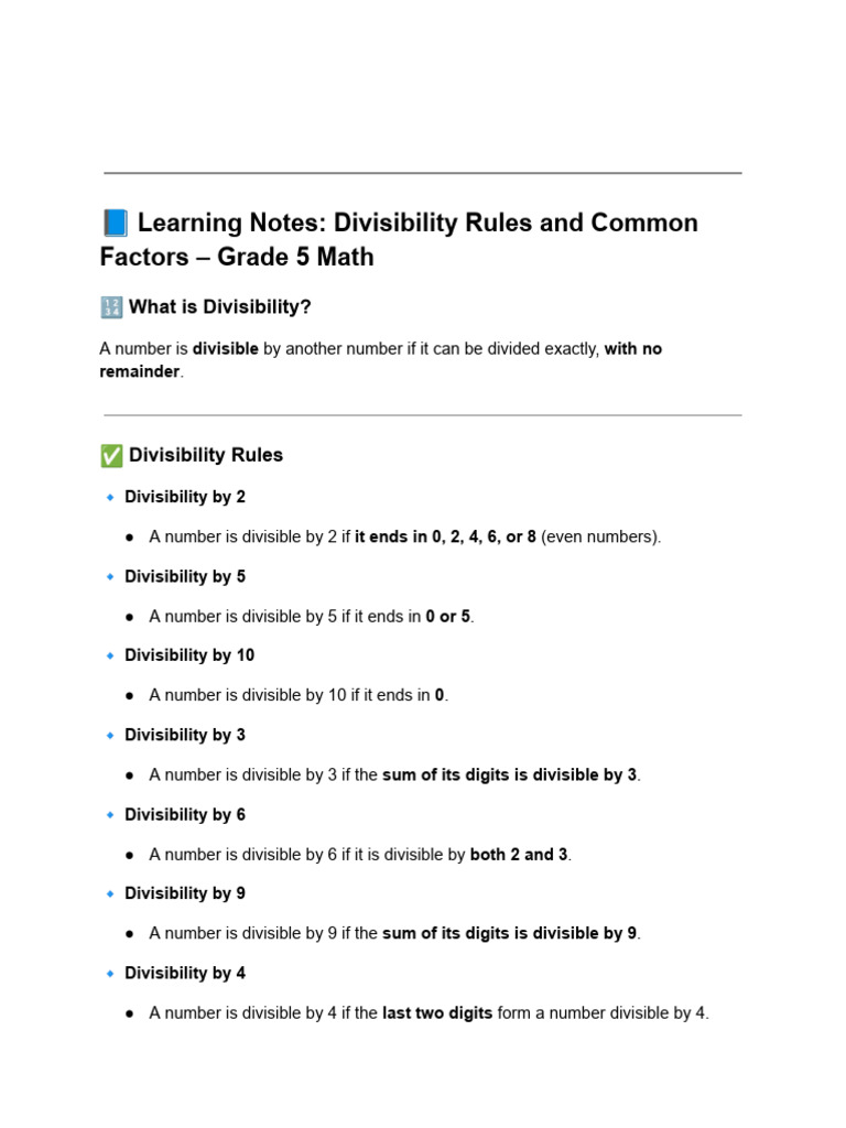 ? Learning Notes - Divisibility Rules and Common Factors - Grade 5 Math ...