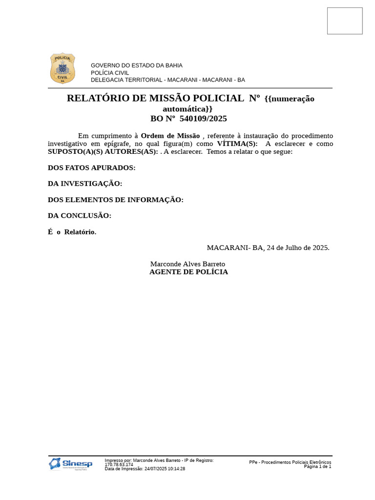 Relatório de Missão Policial - Macarani | PDF