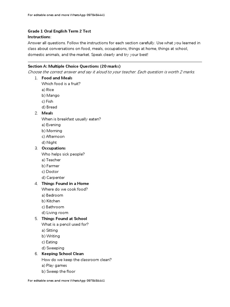 Grade 1 Oral English Term 2 Test | PDF | Meal | Foods