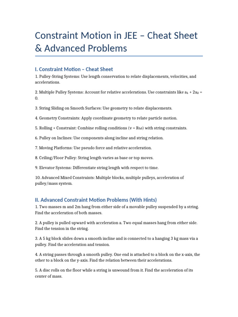 Constraint Motion Cheat Sheet for JEE | PDF