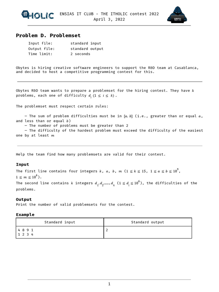 Prob D. Problemset | PDF