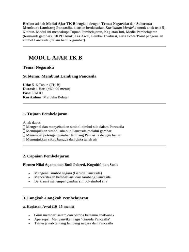 Modul Ajar TK B: Lambang Pancasila | PDF