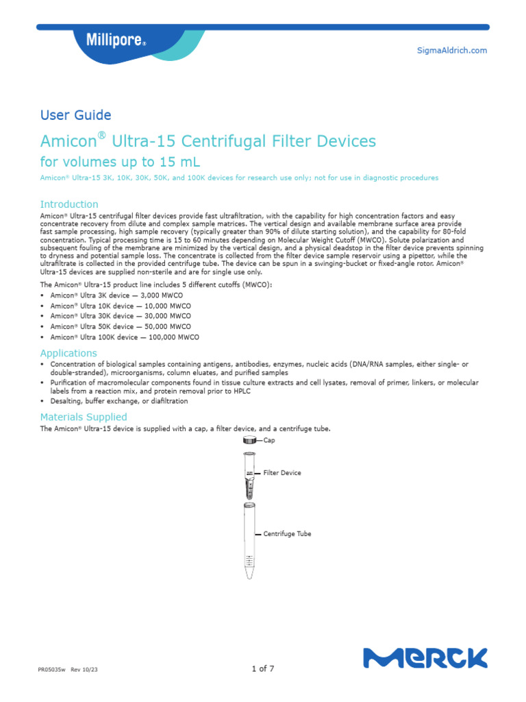 Amicon® Ultra-15 Centrifugal Filter Guide | PDF | Centrifuge | Filtration