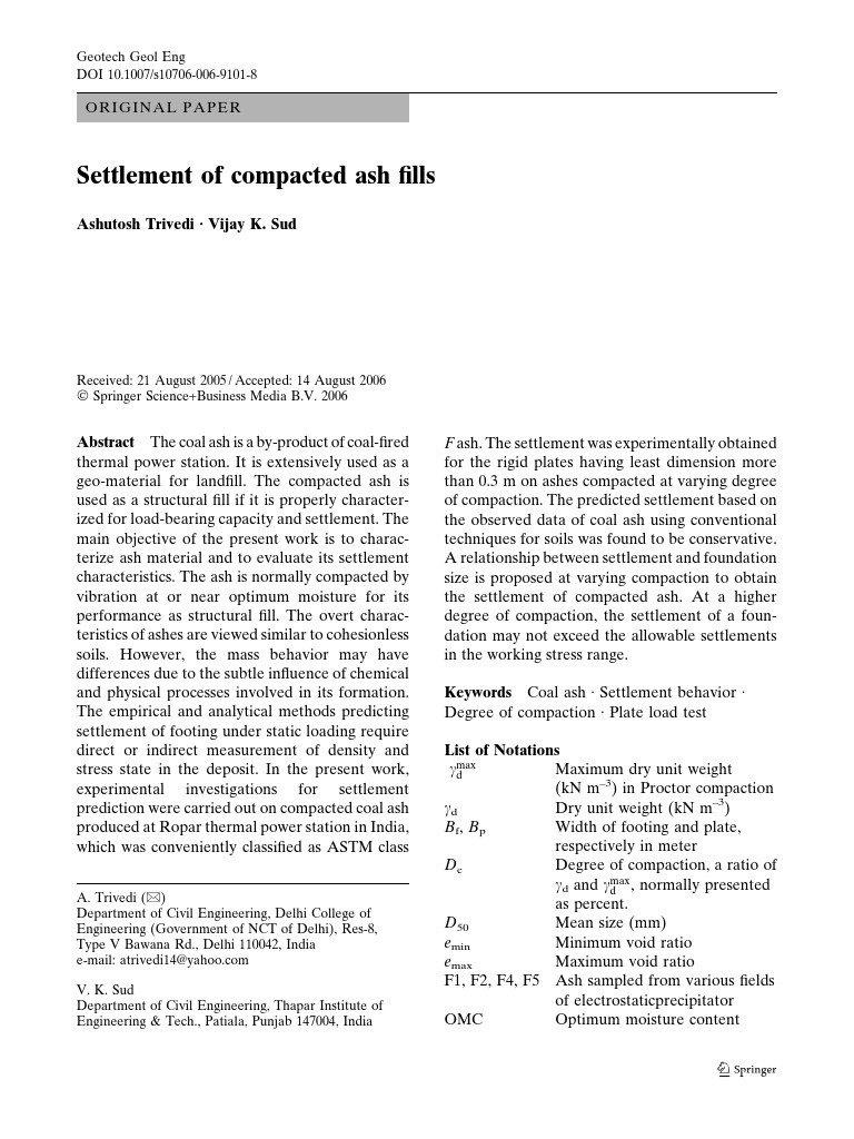 Settlement of Compacted Ash Fill (2007) Geotech Geo Eng | PDF | Fly Ash ...
