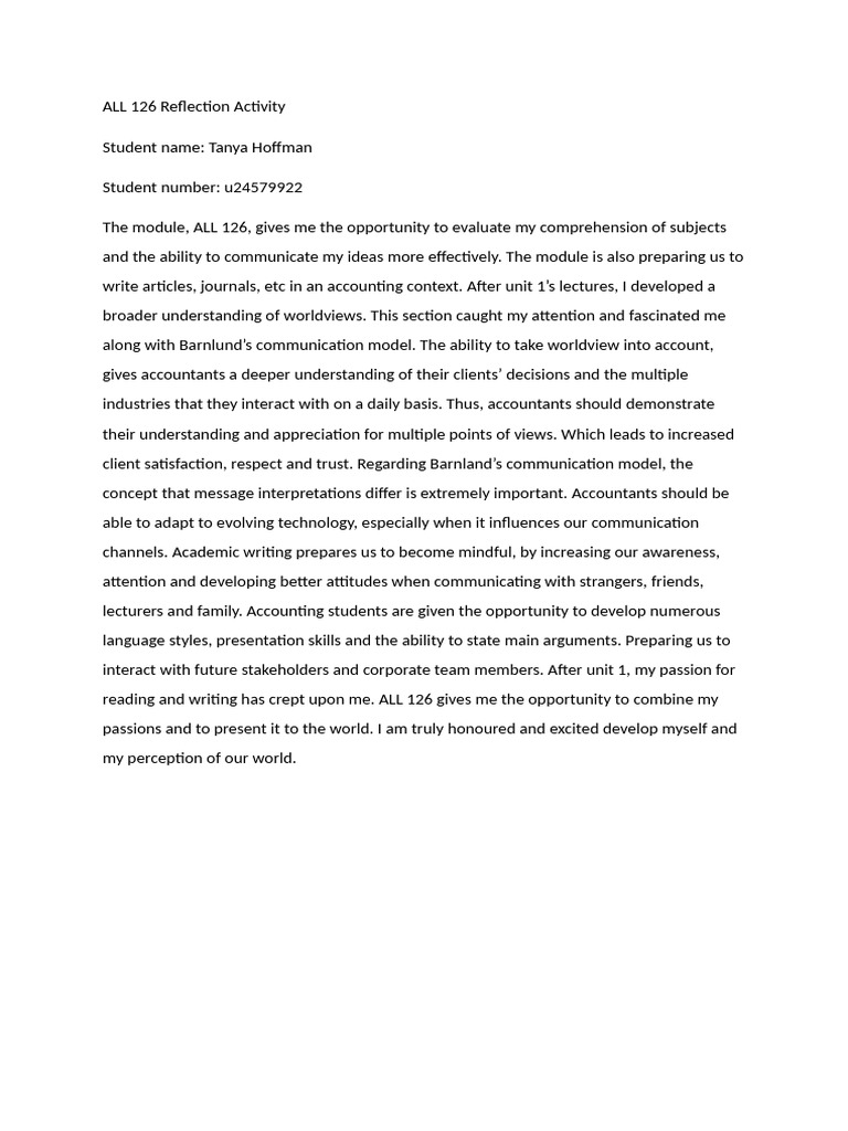 ALL 126 Unit 1 Reflection | PDF