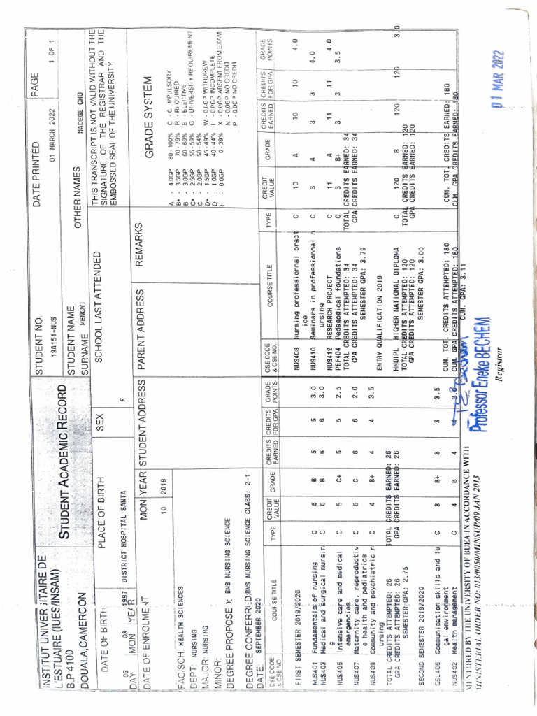 Mengw Nadege's Academic Transcript | PDF | Nursing | Medical Specialties