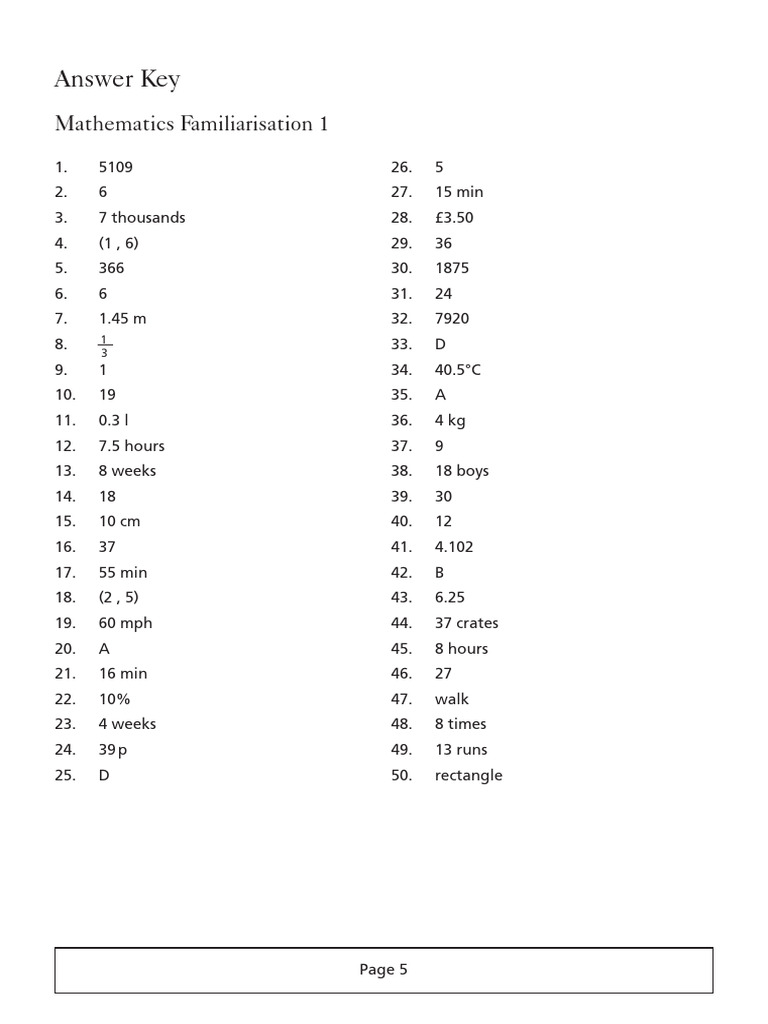 Maths Familiarisation Test 1 Answers | PDF