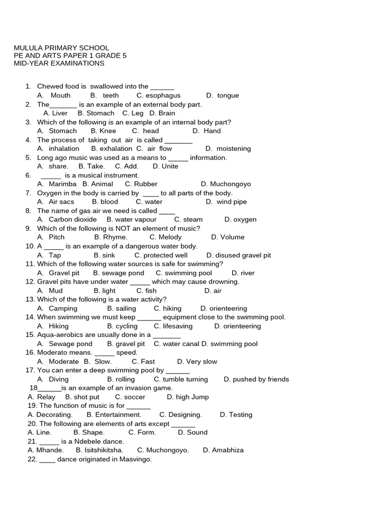 Mulula Pe and Arts Grade 5paper 1 | PDF | Swimming