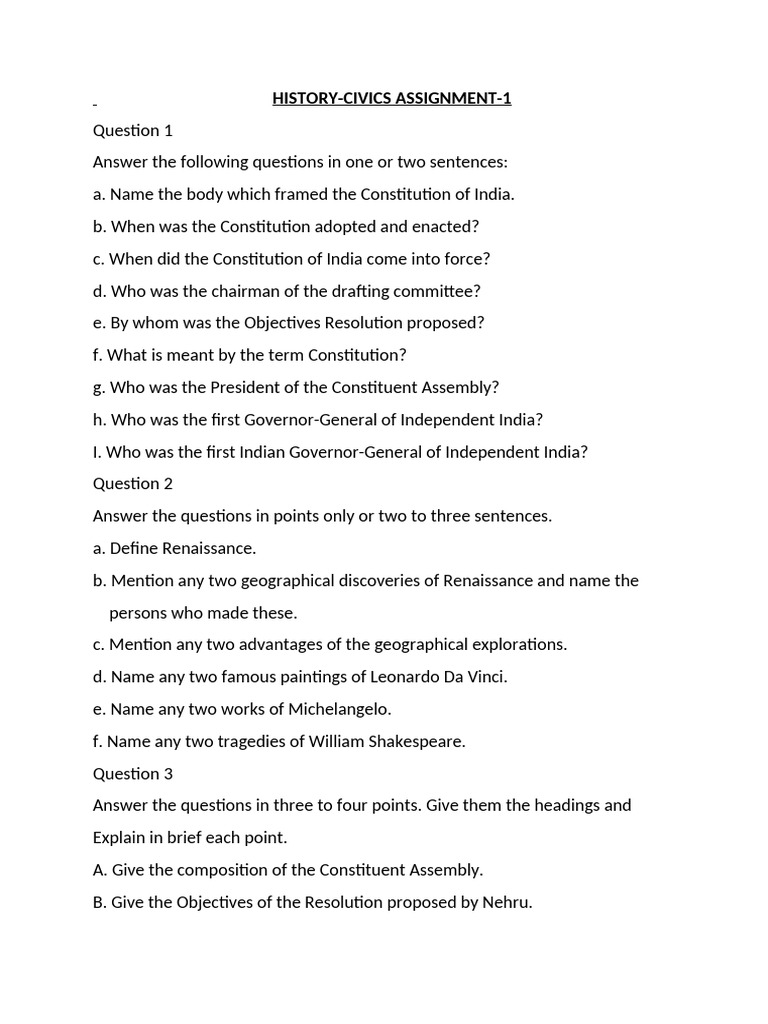 History Civics Assignment 1 | PDF