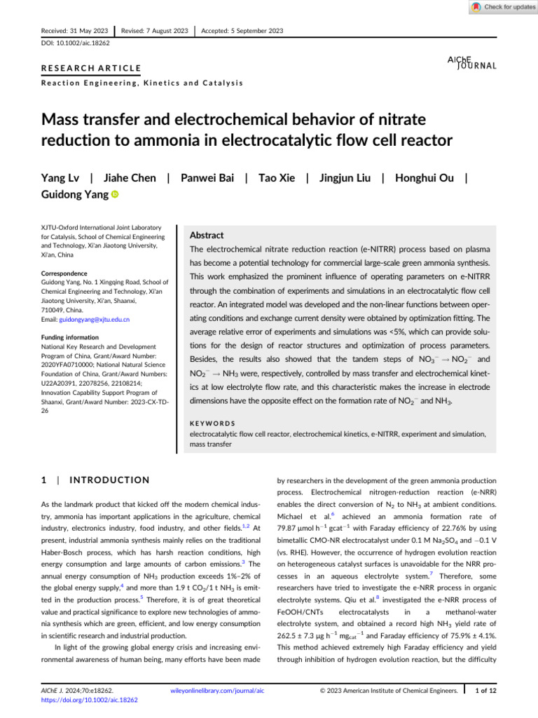 AIChE Journal - 2023 - LV - Mass Transfer and Electrochemical Behavior of Nitrate Reduction To ...