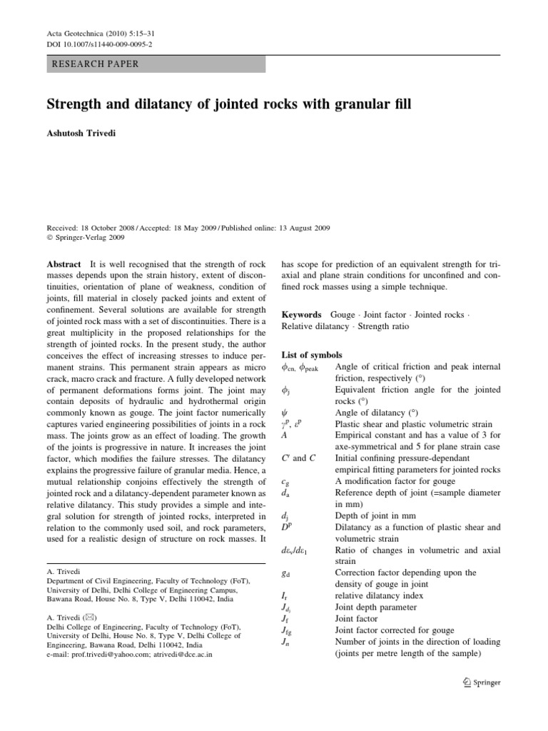 Strength and Dilatancy of Jointed Rocks With Granular Fill (2010 ...