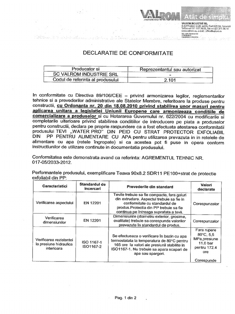 Declaratie Conformitate Waterpro | PDF