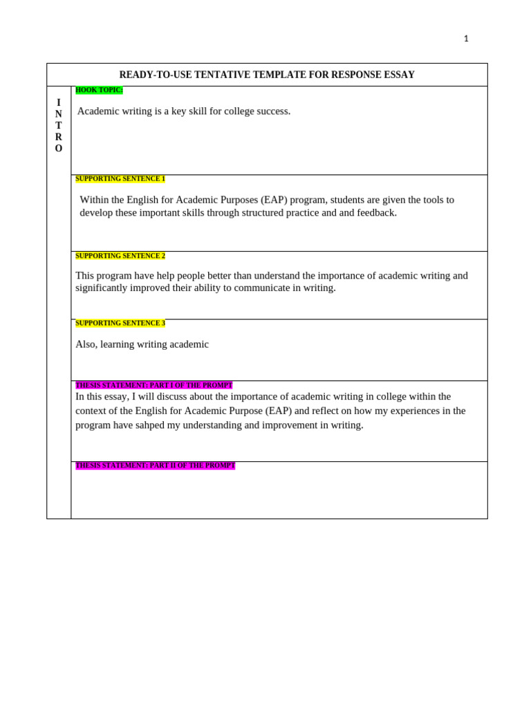 EAP Basic Template For Response Essay - InTRODUCTION | PDF
