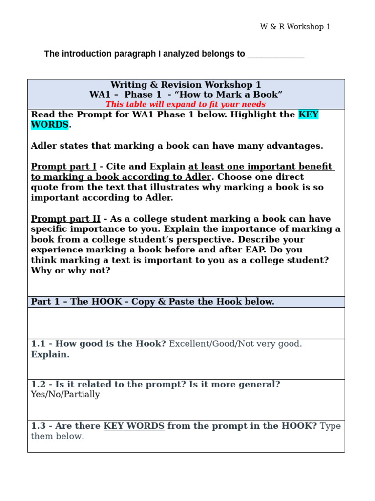 Writing & Revision Workshop 1 - WA1 Phase 1 | PDF