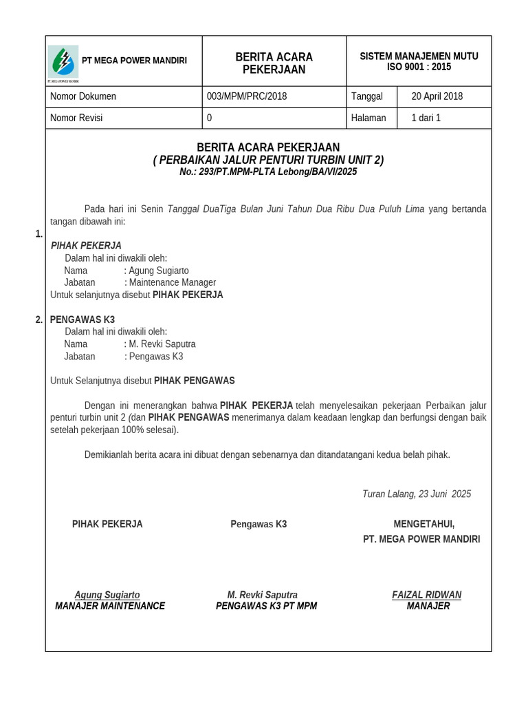 Berita Pekerjaan Perbaikan Jalur Penturi Turbin Unit 2 | PDF