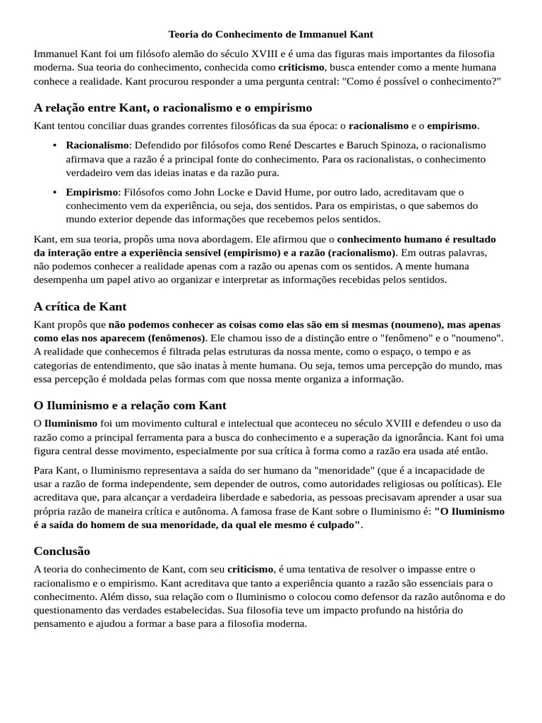 Criticismo de Kant e o Conhecimento | PDF | Immanuel Kant | Empiricismo