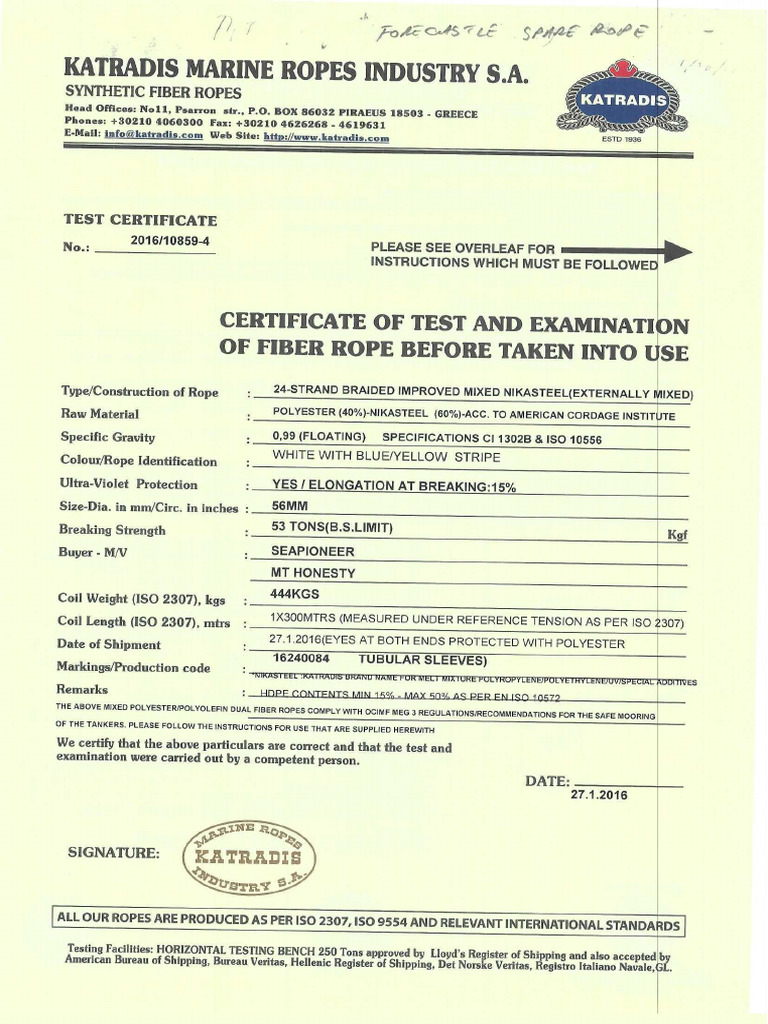 Mooring Ropes Certificates 21.07.2025-23 | PDF