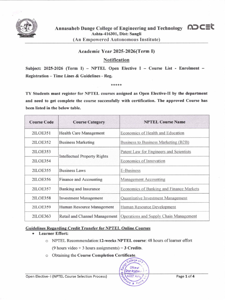 NPTEL Open Elective I - Course List 2025-26 Term I | PDF