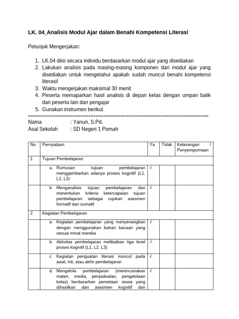 13 - YANURI - B4 - LK 01 Benahi Literasi Melalui Pembelajaran Dan ...