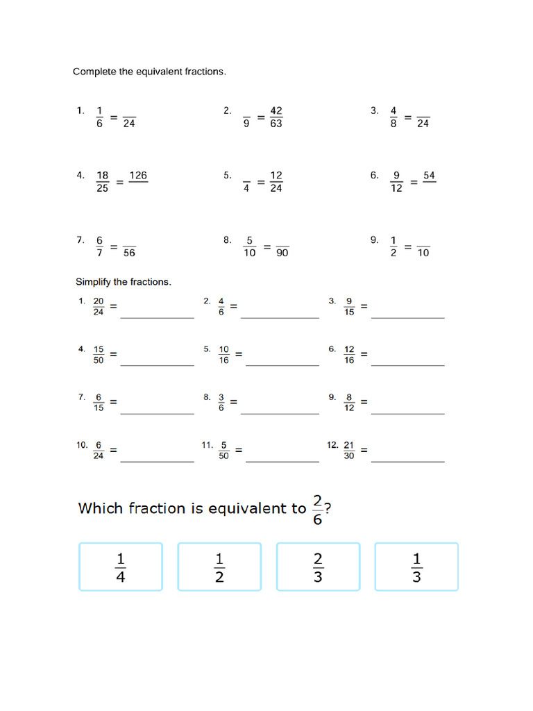 Worksheet Equivalent Unit Fraction July 23 | PDF